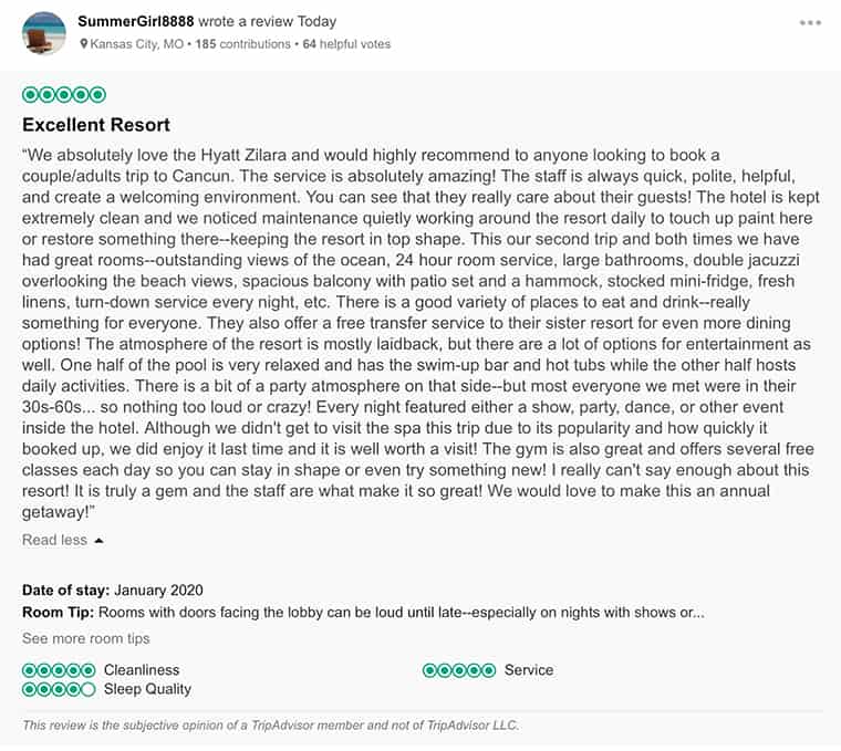 Hyatt Zilara Customer Review 1