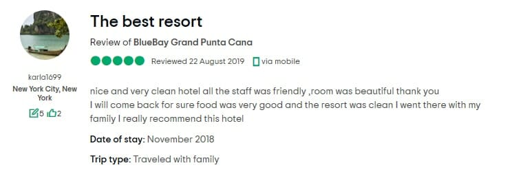 Reseña de cliente de Bluebay Grand Punta Cana 2
