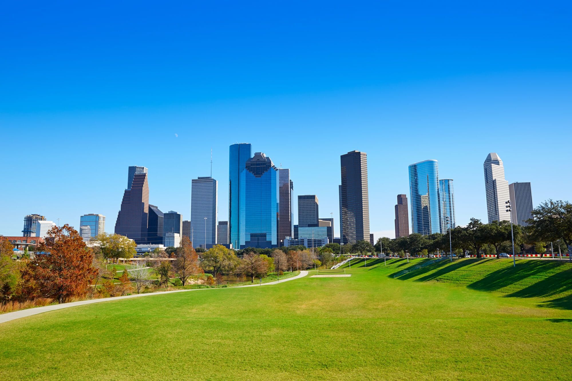 houston skyline in sunny day from park grass