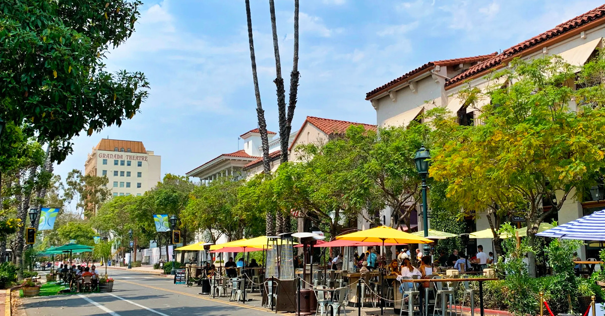The bustling and colorful downtown Santa Barbara.