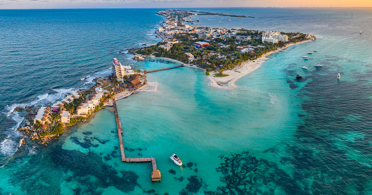 A drone shot of Isla Mujeres.