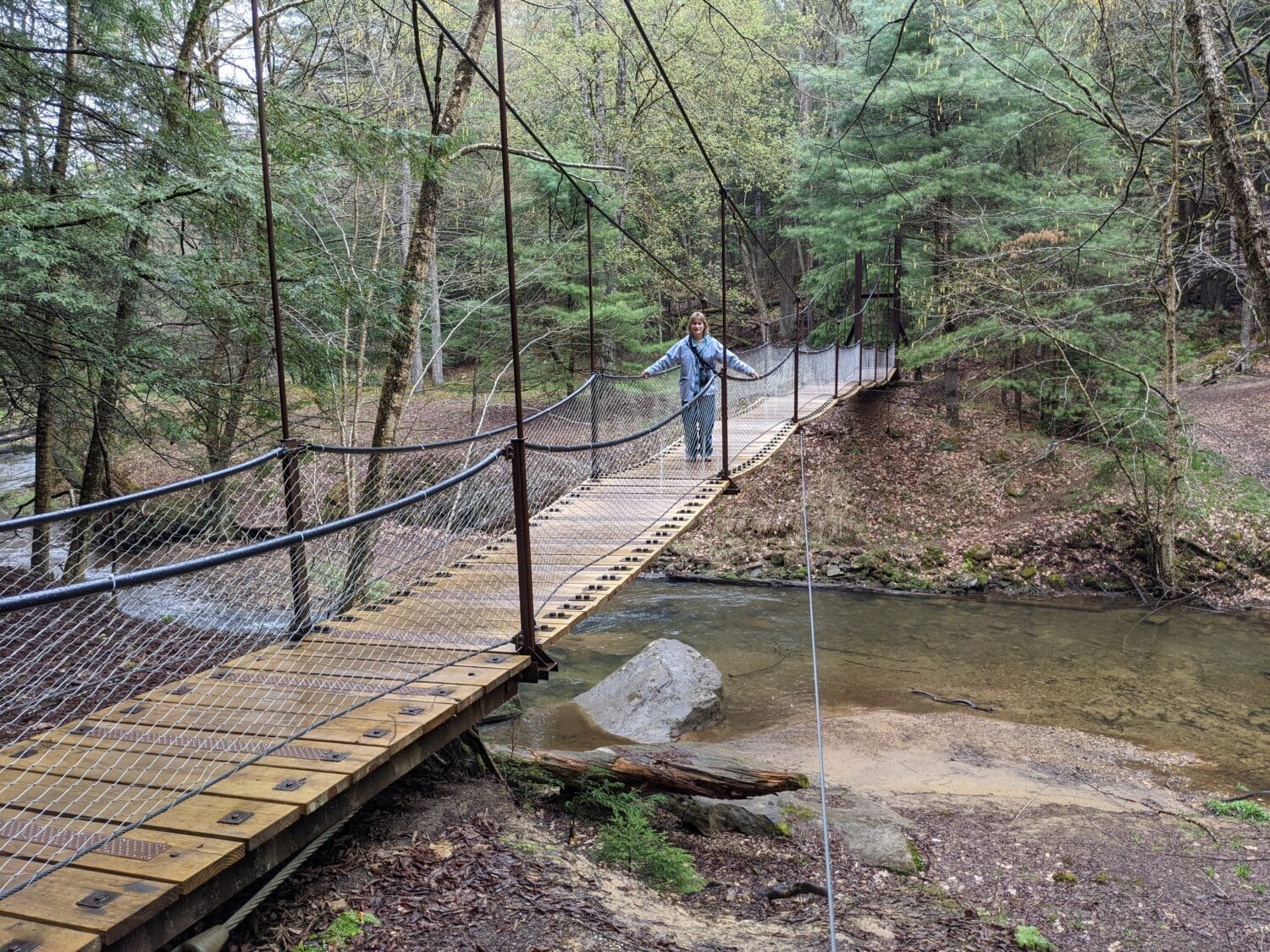 A lady in the majestic hanging bridge nestled in the park