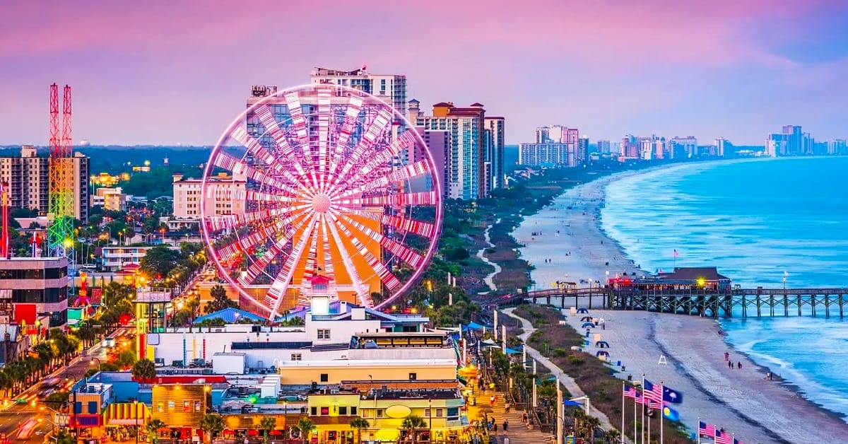A stunning aerial shot of Myrtle Beach with the famous SkyWheel.