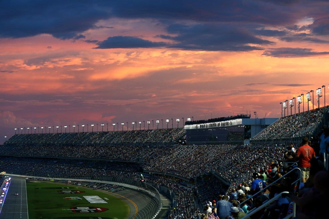 A view of the race track at dusk.