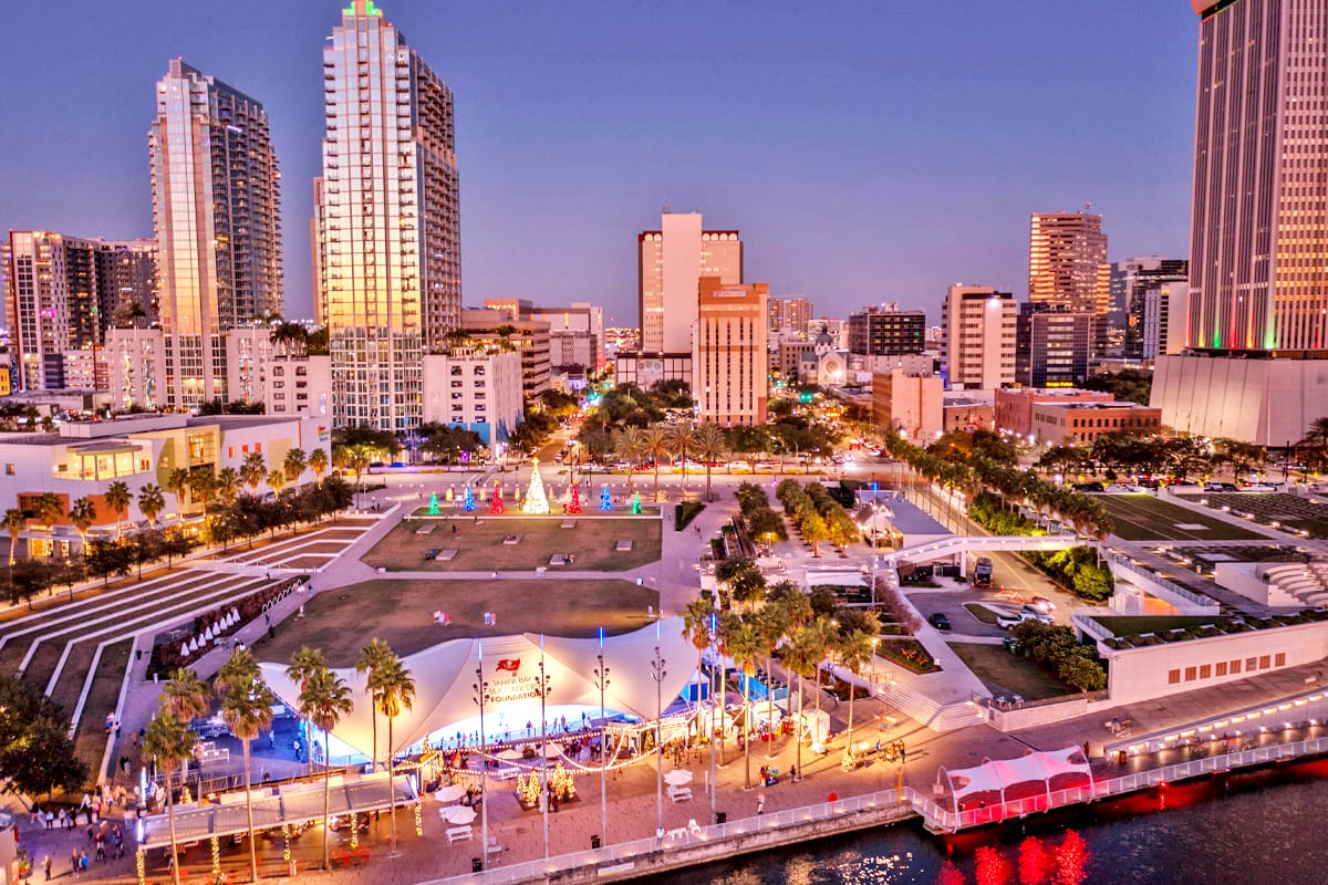 An aerial shot of the Winter Village at Curtis Hixon Park