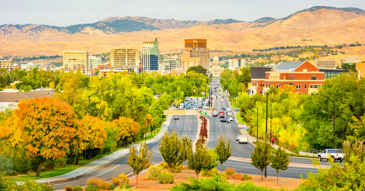 An aerial shot showcasing the vibrant fall colors of downtown of Boise.