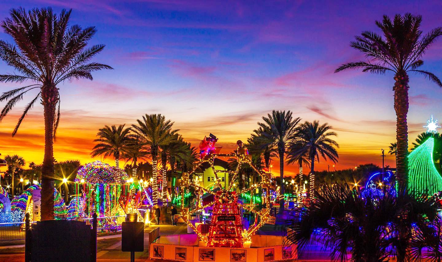 An aerial view of dazzling holiday lights at Jacksonville