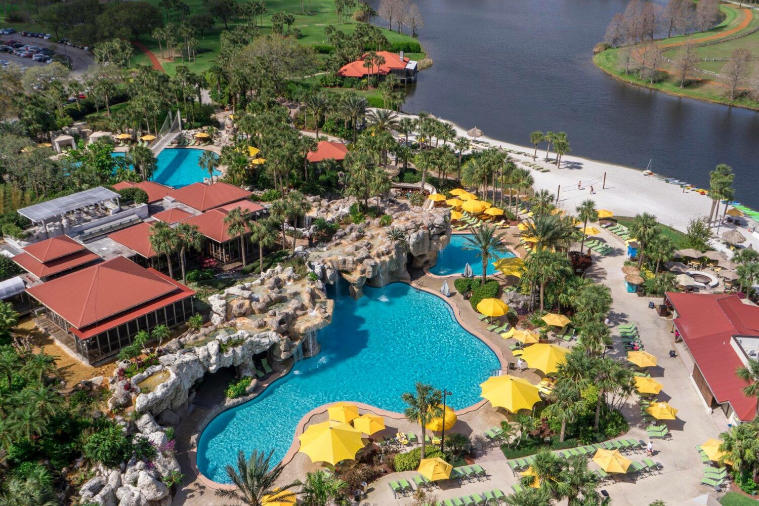 An aerial view of the pool of the hotel