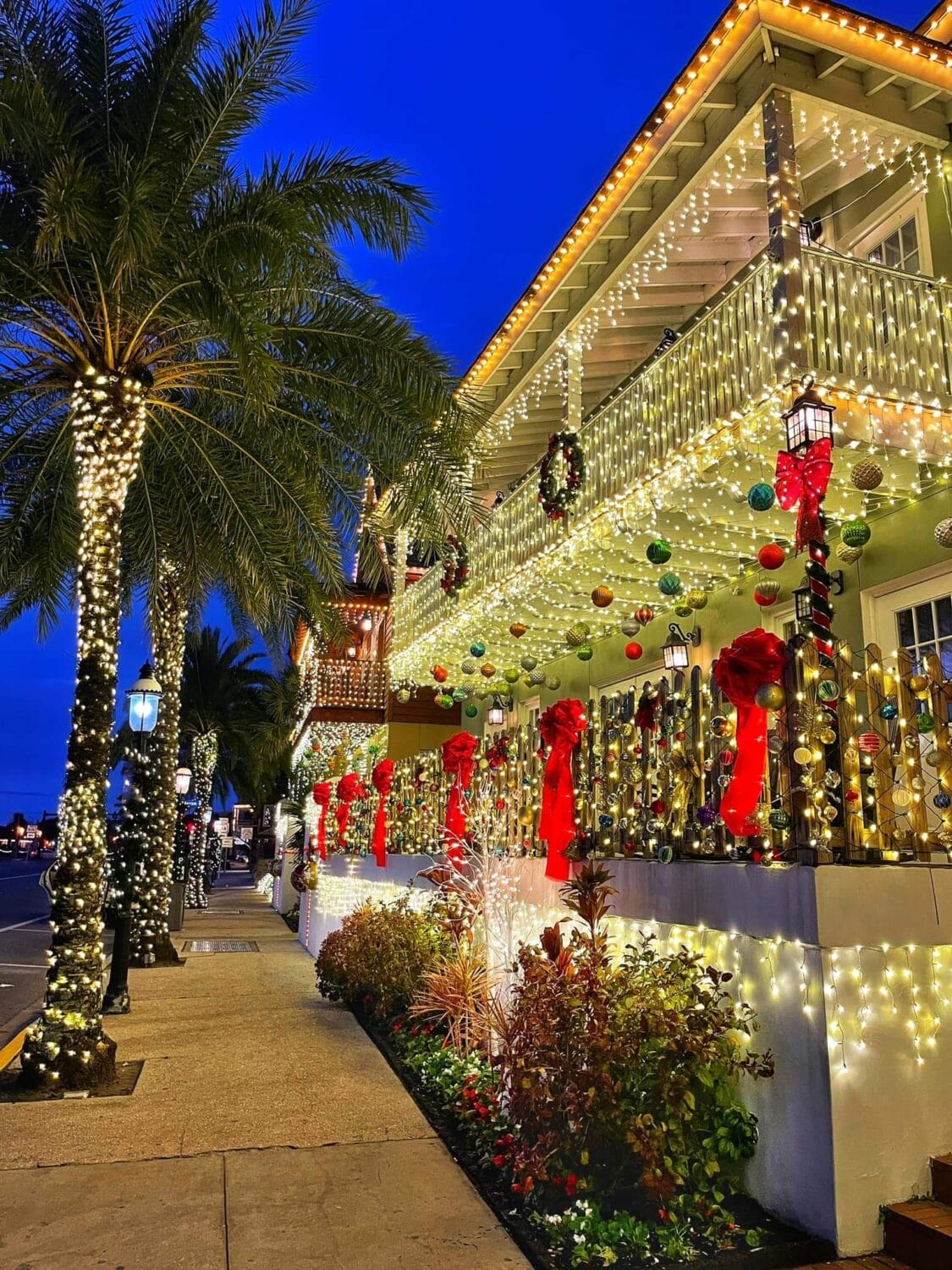 An establishment decorated with bright holiday lights.