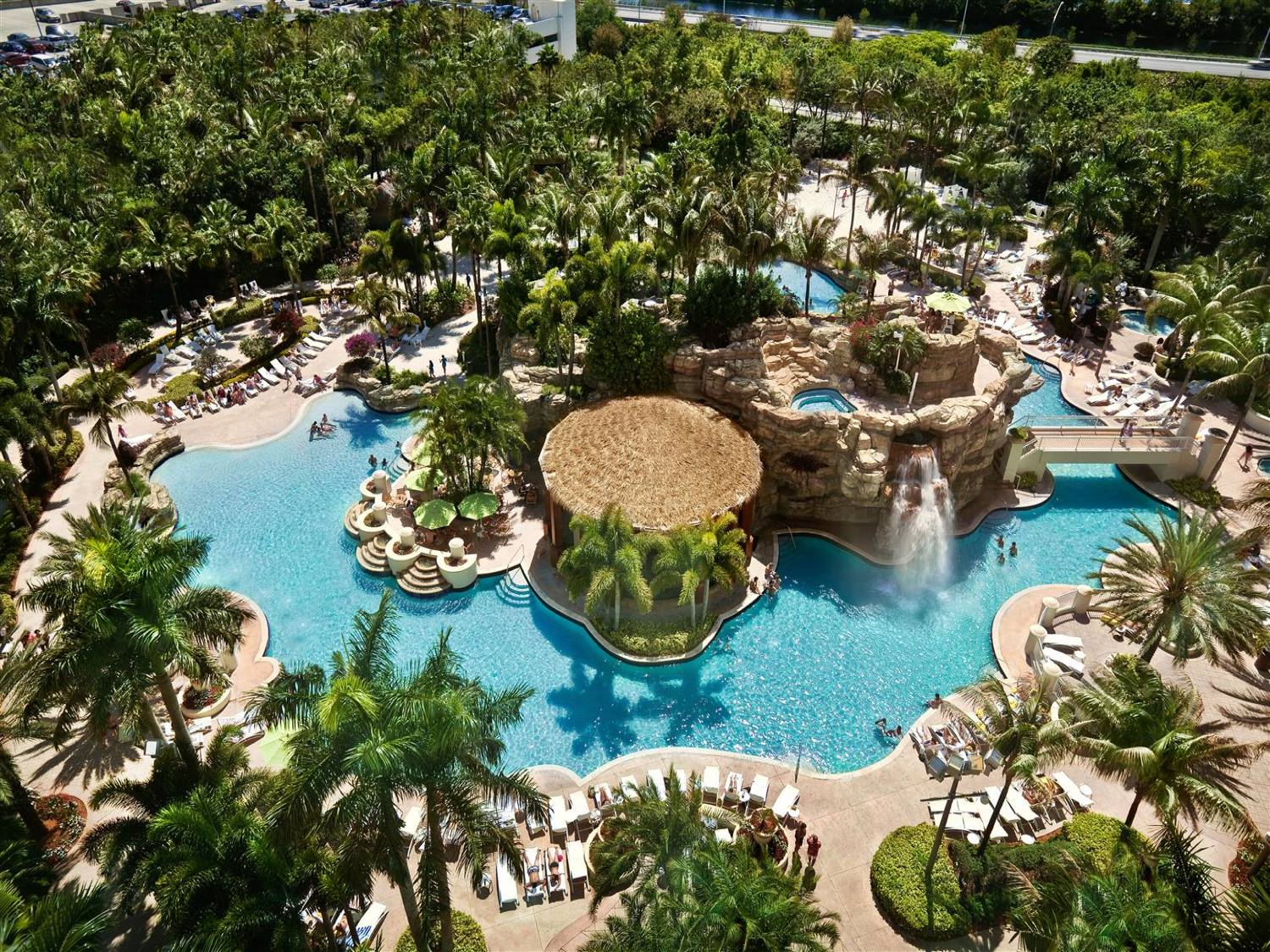 An overlooking view of the pool