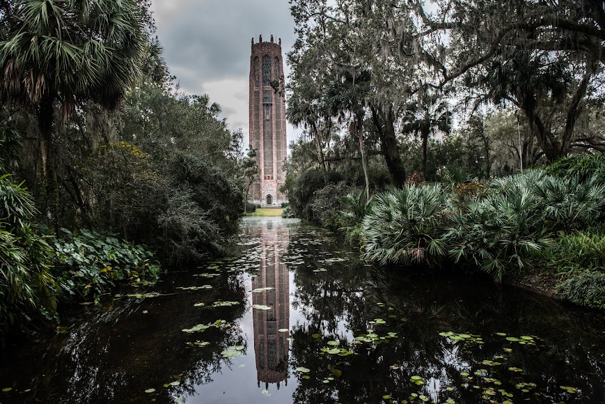 bok tower reflecting in the water