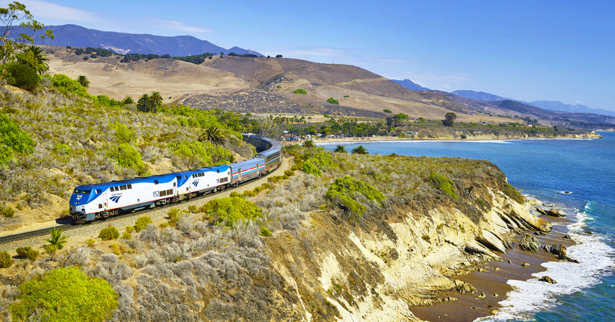 A shot of the Coast Starlight and the stunning coastline of California.