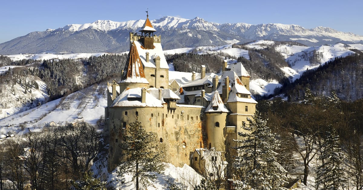 Dracula's castle during winter.