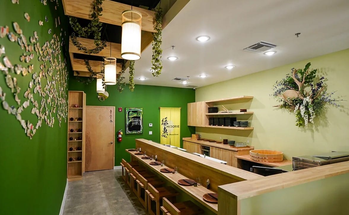 the beautiful green interiors of the restaurant