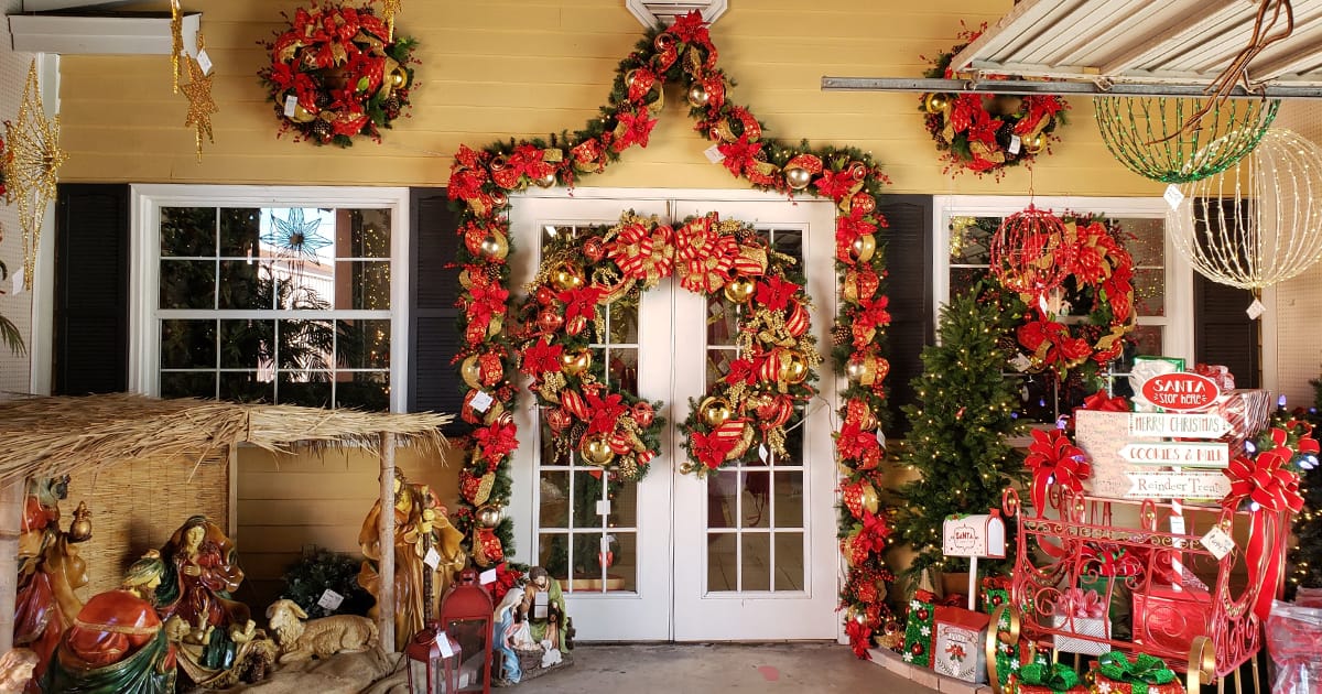 The front door with delightful Christmas display.