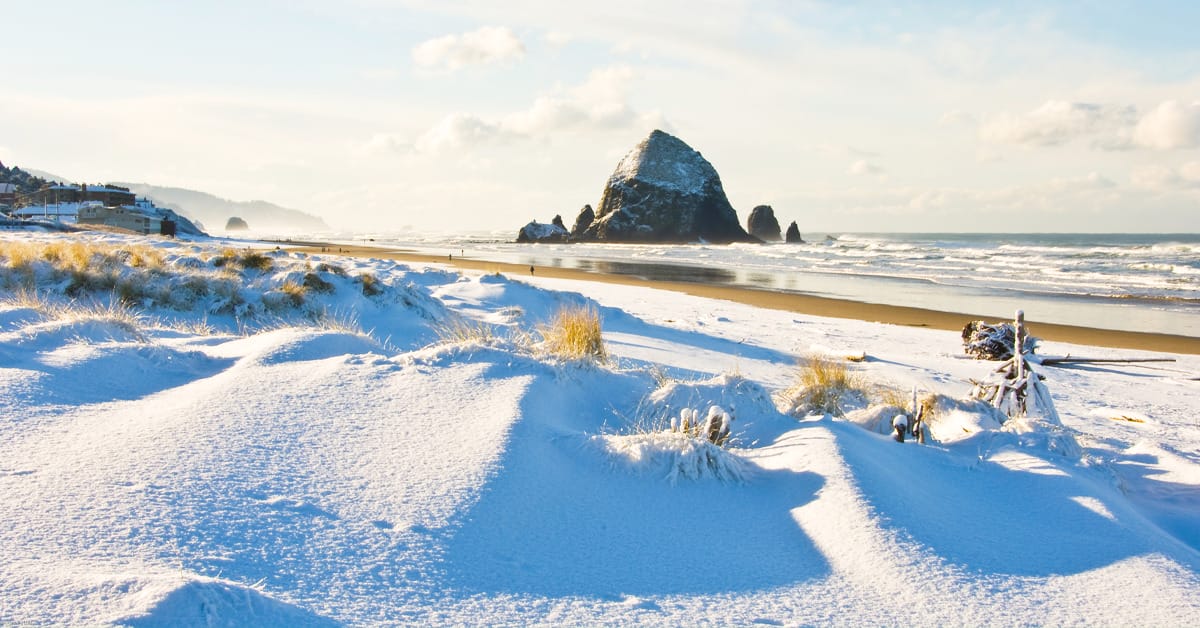The iconic Haystack Rock in Cannon Beach during winter
