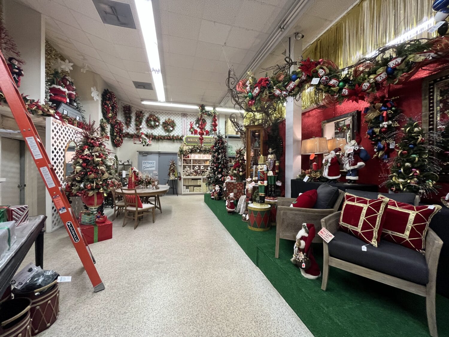 A shot of the store's interior adorned with array of Christmas decorations.