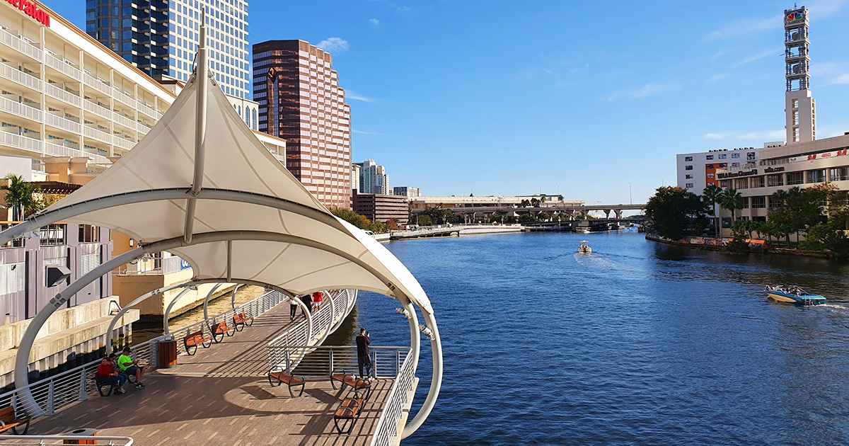 a beautiful view of the tampa riverwalk