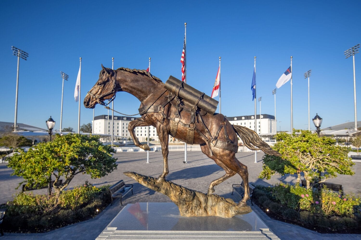 a bronze statue of a horse in a dynamic pose with a backdrop of flags and stadium lighting