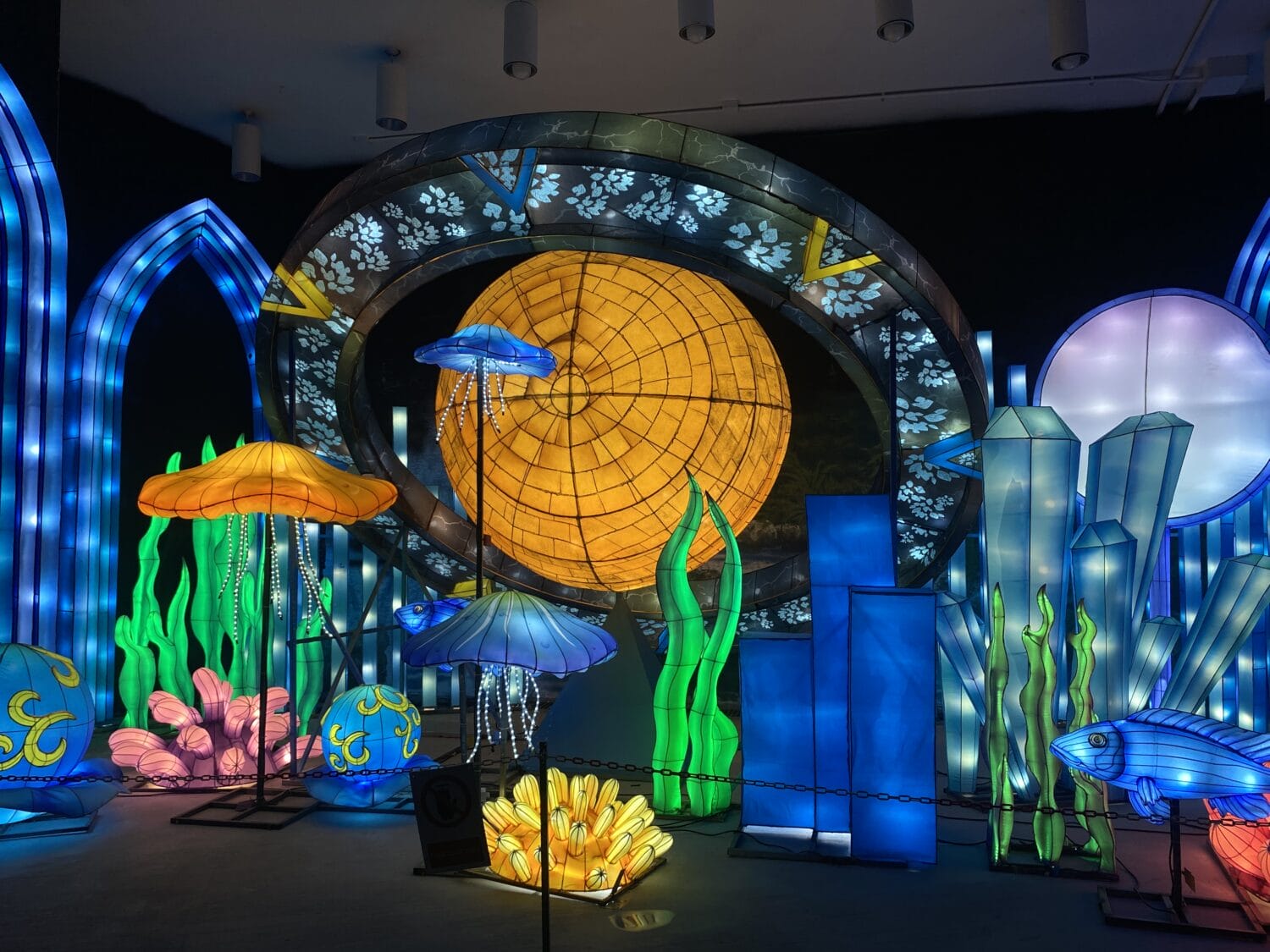 a display of illuminated jellyfish lanterns and coral structures against a backdrop of neon blue lights