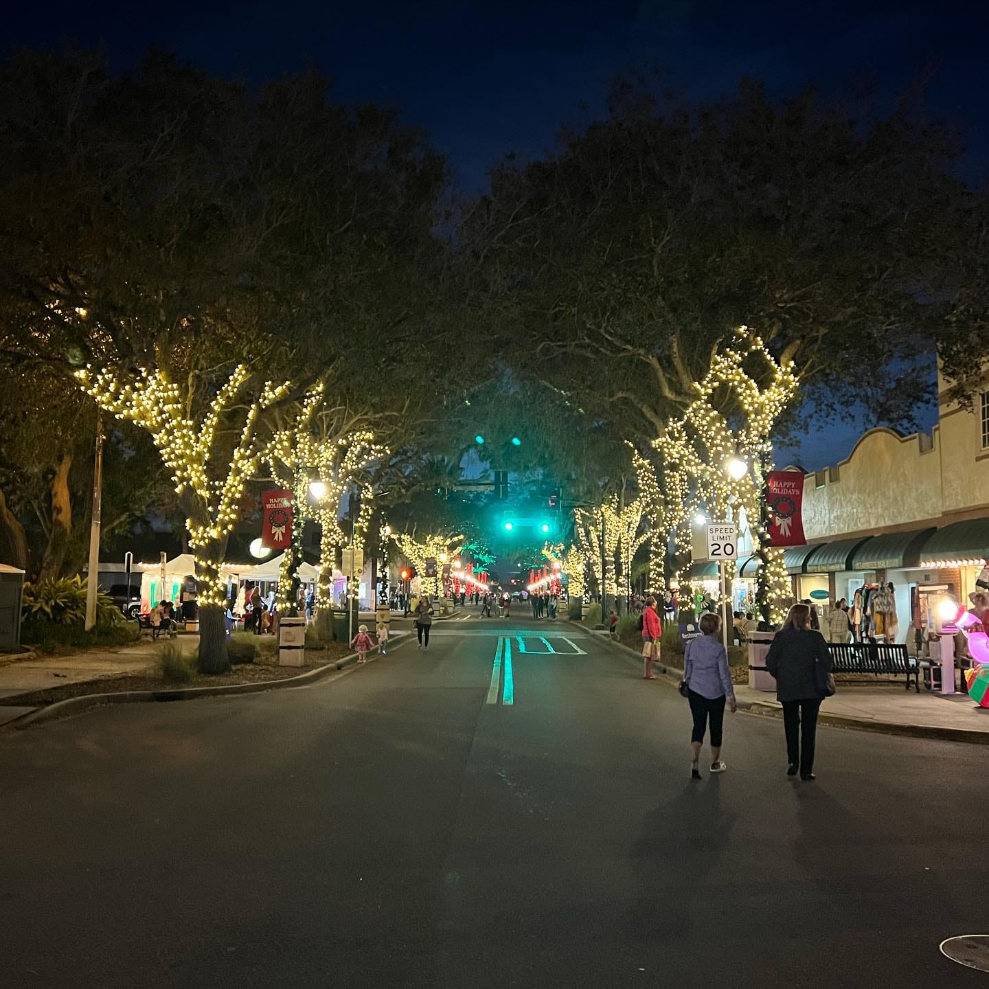 A festive spectacle unfolds in the streets of New Smyrna Beach, adorned with a radiant cascade of holiday lights.