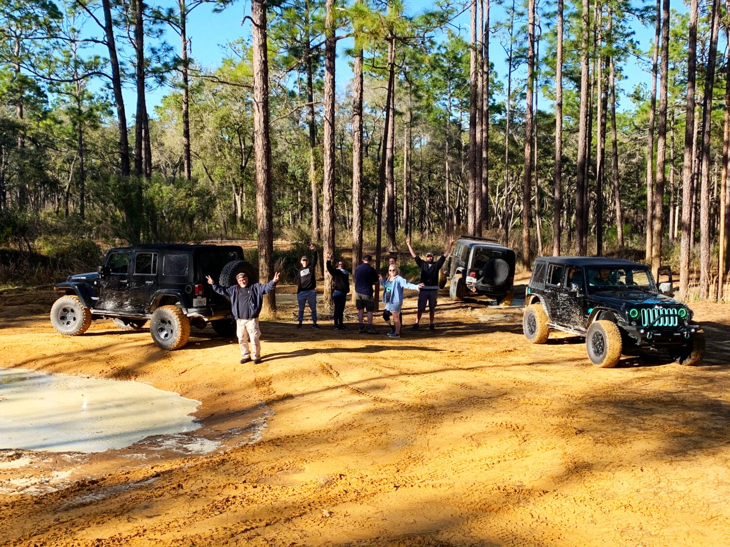 a goup of people off roading in the state forest