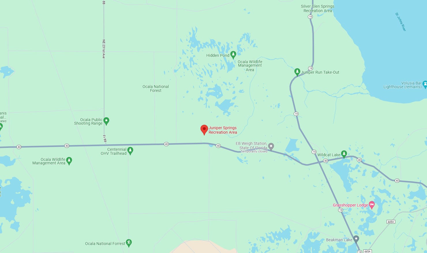 a map view of juniper springs recreation area in silver springs florida with marked locations including surrounding parks and bodies of water