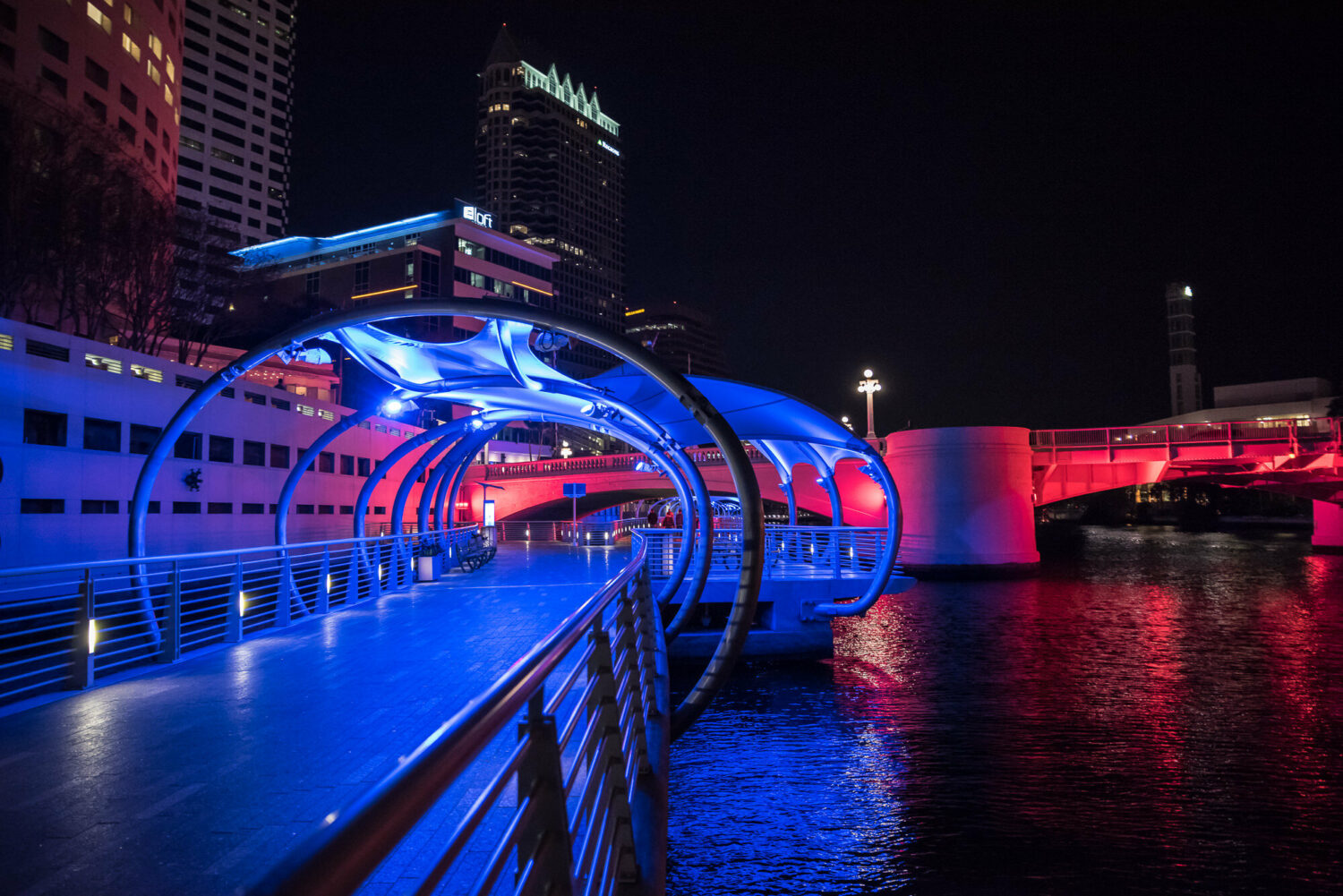 a night view of the Tampa riverwalk