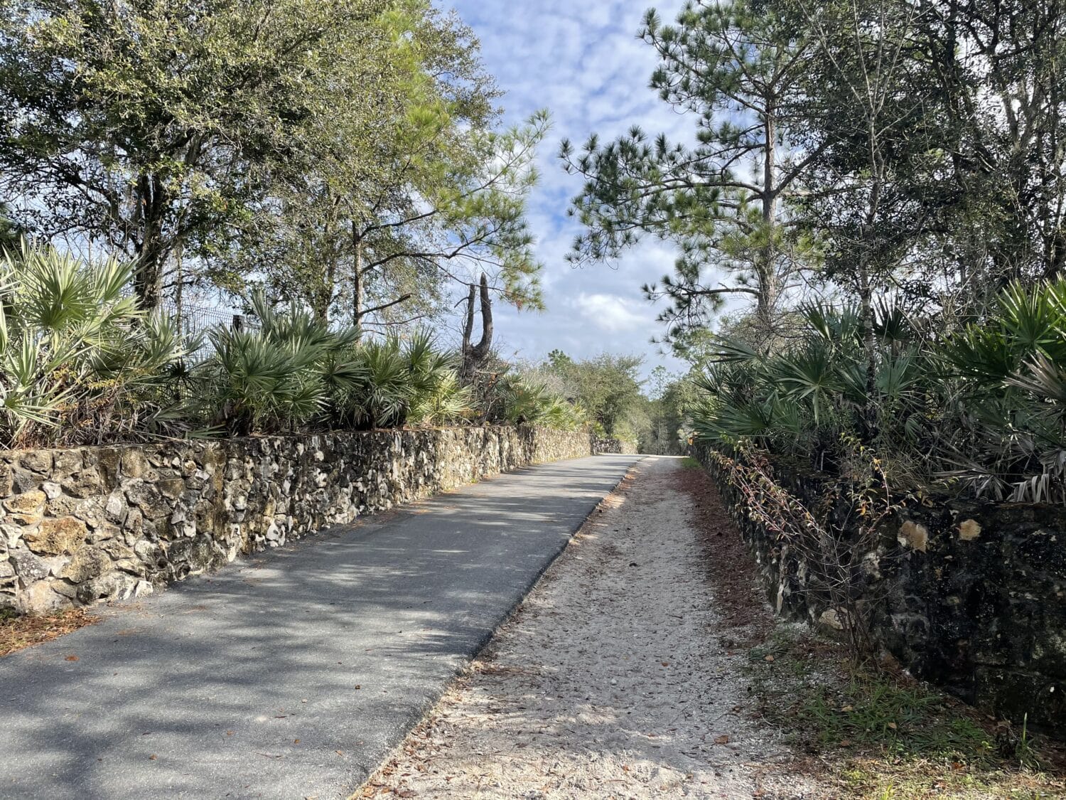 a paved trail flanked by a stone wall and lush vegetation inviting a leisurely stroll or bike ride