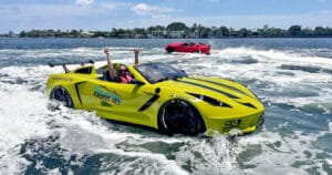 A peculiar sight of a Chevy Corvette C7 floating on water.