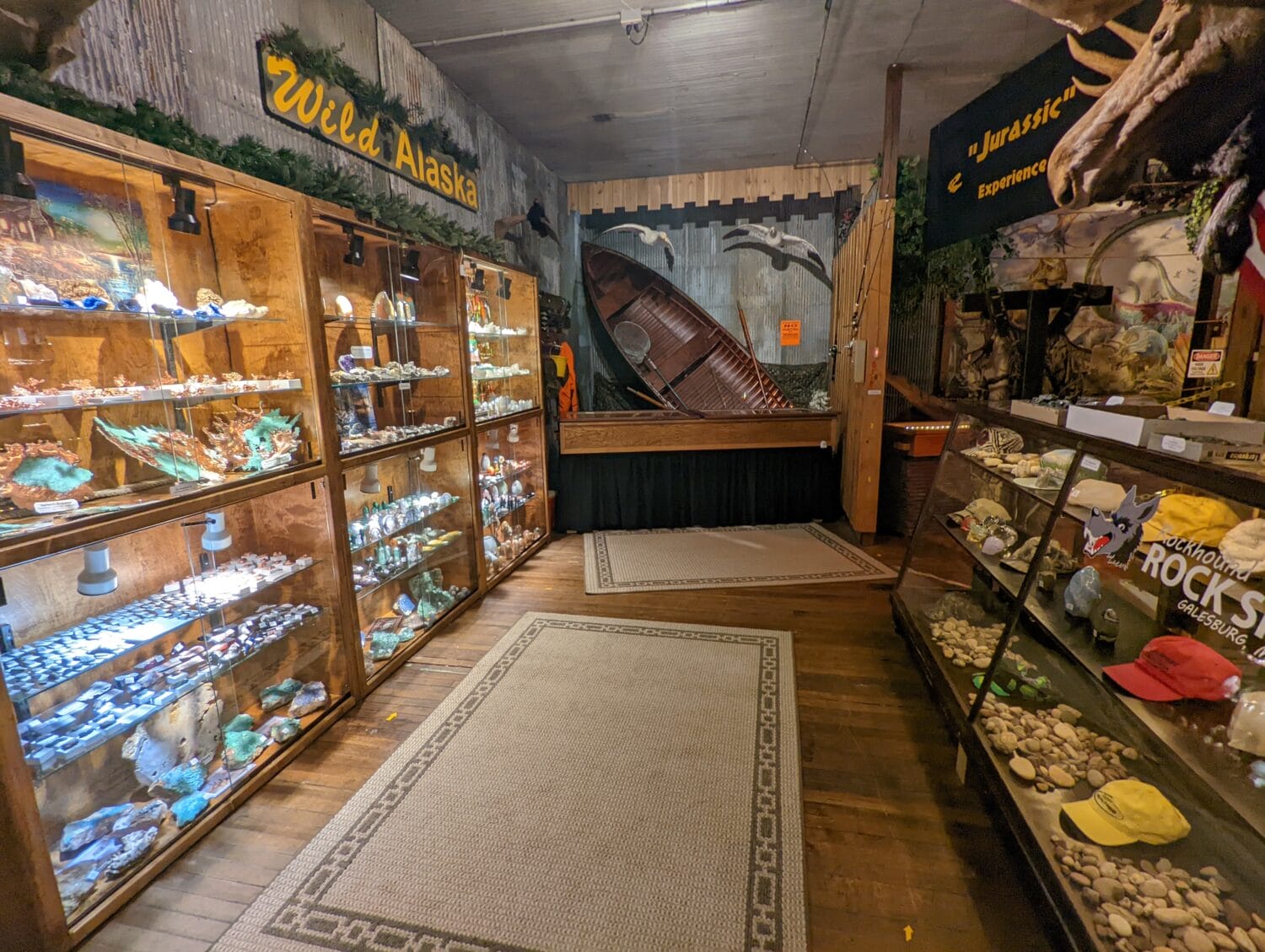 a retail space titled wild alaska with shelves full of rocks and minerals next to a jurassic experience exhibit