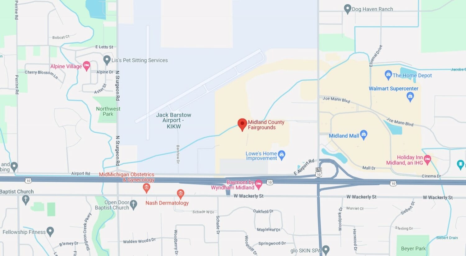 a screenshot from google map highlighting the location of the midland county fairgrounds where the flea market is held