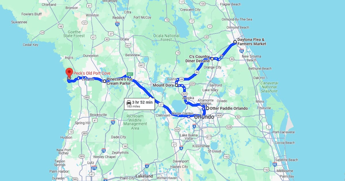 A screenshot from Google Maps of the locations to visit for an Epic Florida Day Trip