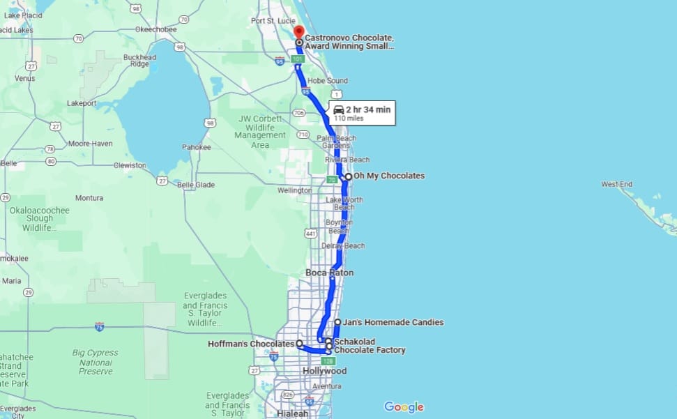 A screenshot from Google Maps showing the trail for the Sweetest Florida Road Trip