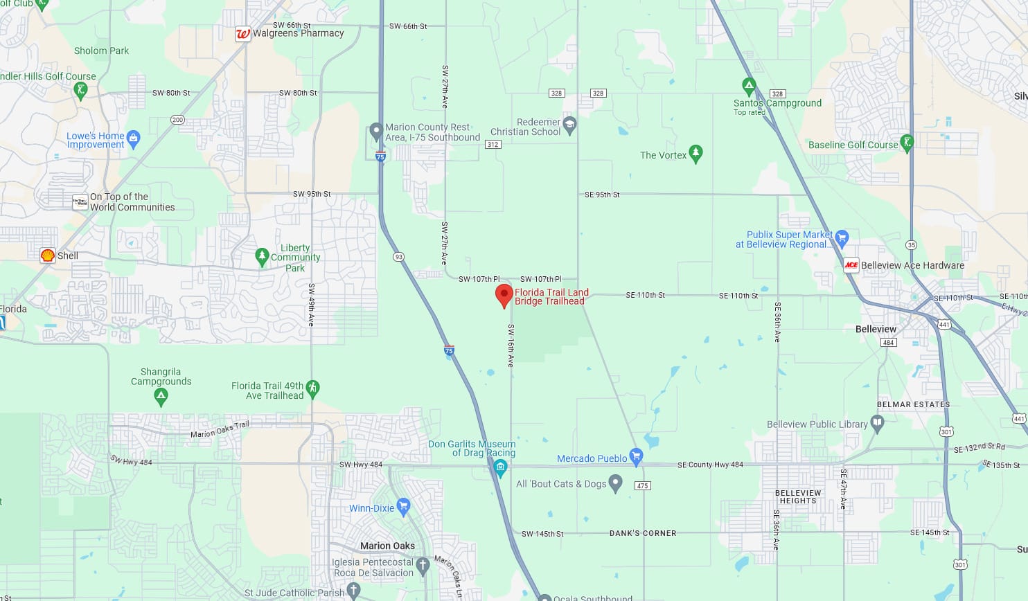 a screenshot from google map highlighting the florida trail land bridge trailhead situated near ocala florida