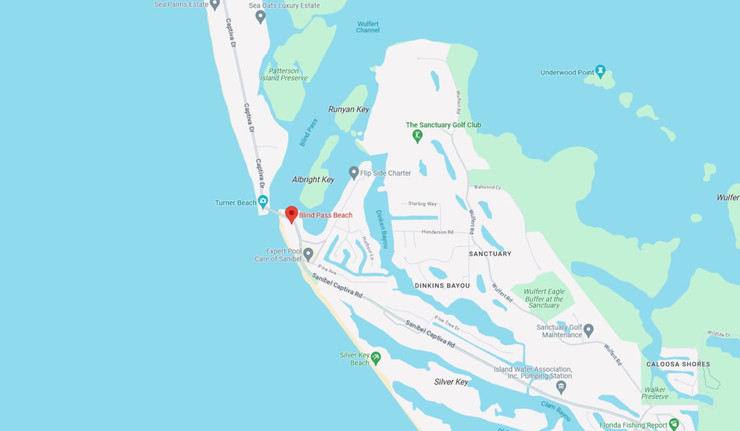 a screenshot from google map showing the location of blind pass beach on sanibel island known for its scenic views and shelling opportunities