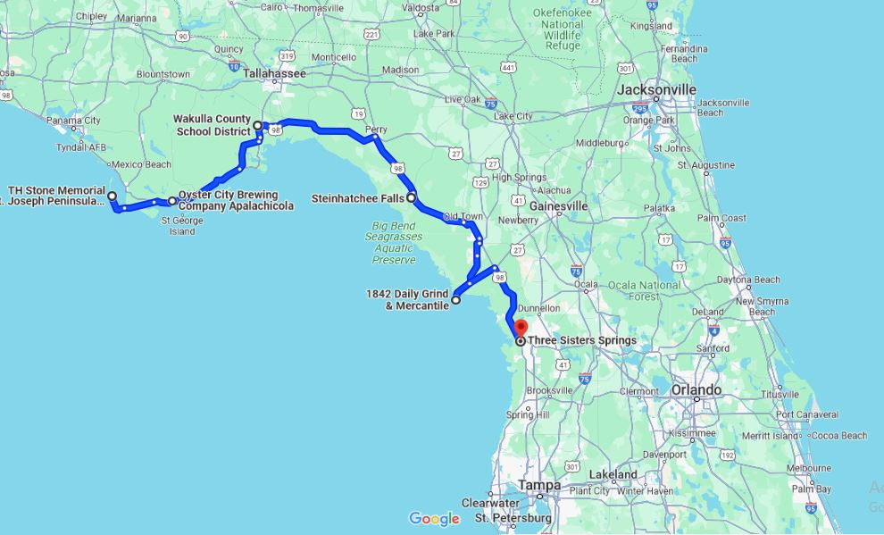 A screenshot from google maps showing the locations of Hidden Gems in Florida