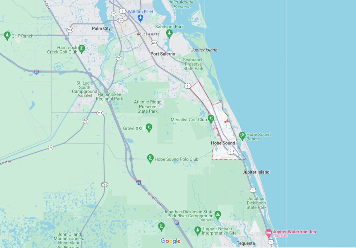 a screenshot of the map displaying the geographical layout of hobe sound from google maps