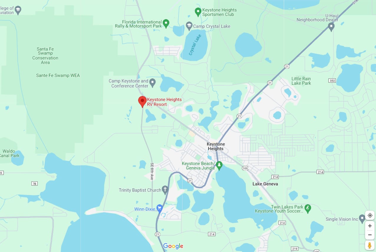 a screenshot of the map showing the location of keystone heights rv resort from google maps