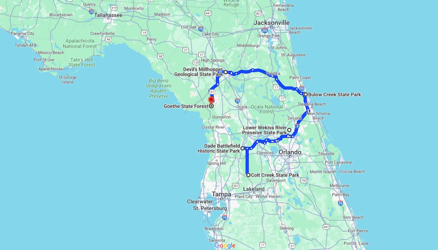 a screenshot of the the trail of the state parks taken from google maps