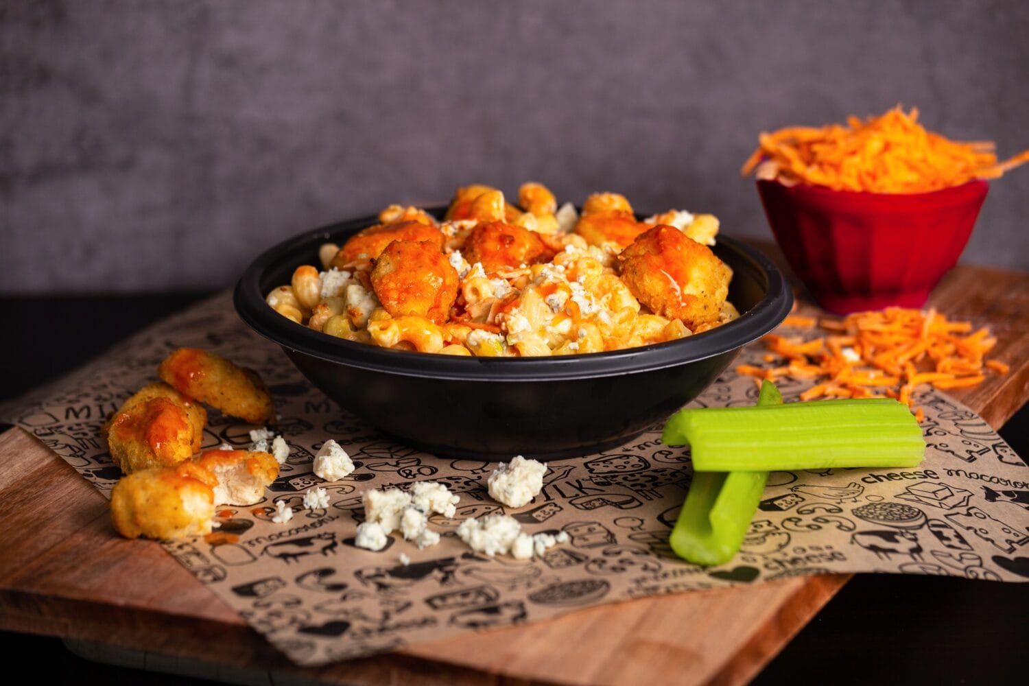 Baked Buffalo Chicken bowl with Buffalo Sauce, Celery, Blue Cheese, and Carrots