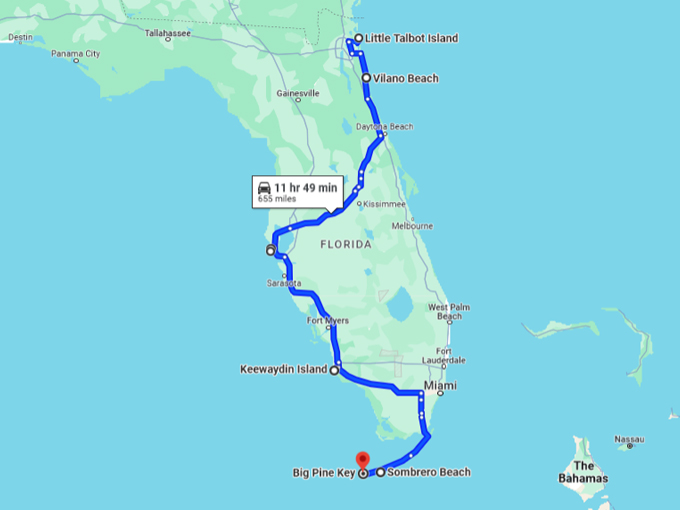 Florida Beaches Road Trip 1 Map