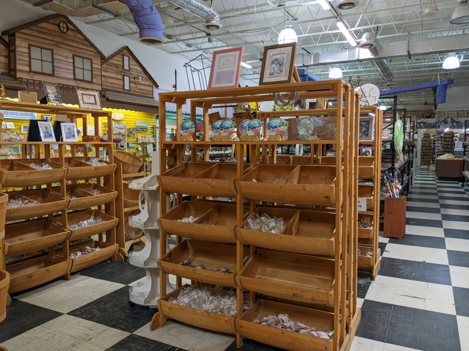 interior of a souvenir shop with wooden shelving units filled with a variety of sea shells and a checkered floor indicating a themed retail space