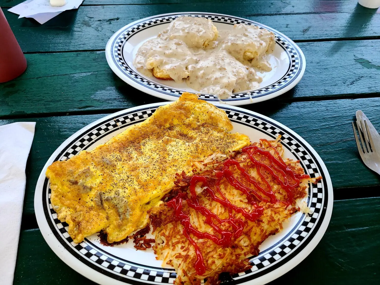 Plates of breakfast meals.