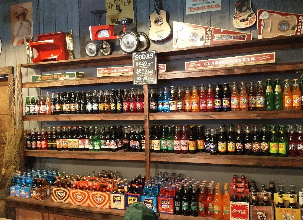 A photo of the store's sodas and souvenirs 