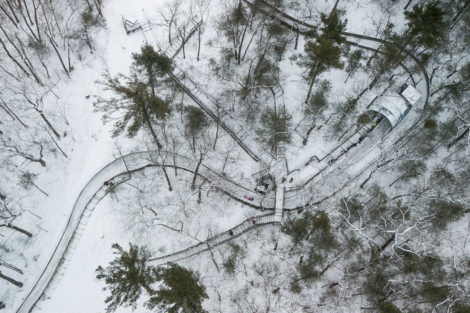 the aerial view of muskegon luge adventure sports park in winter