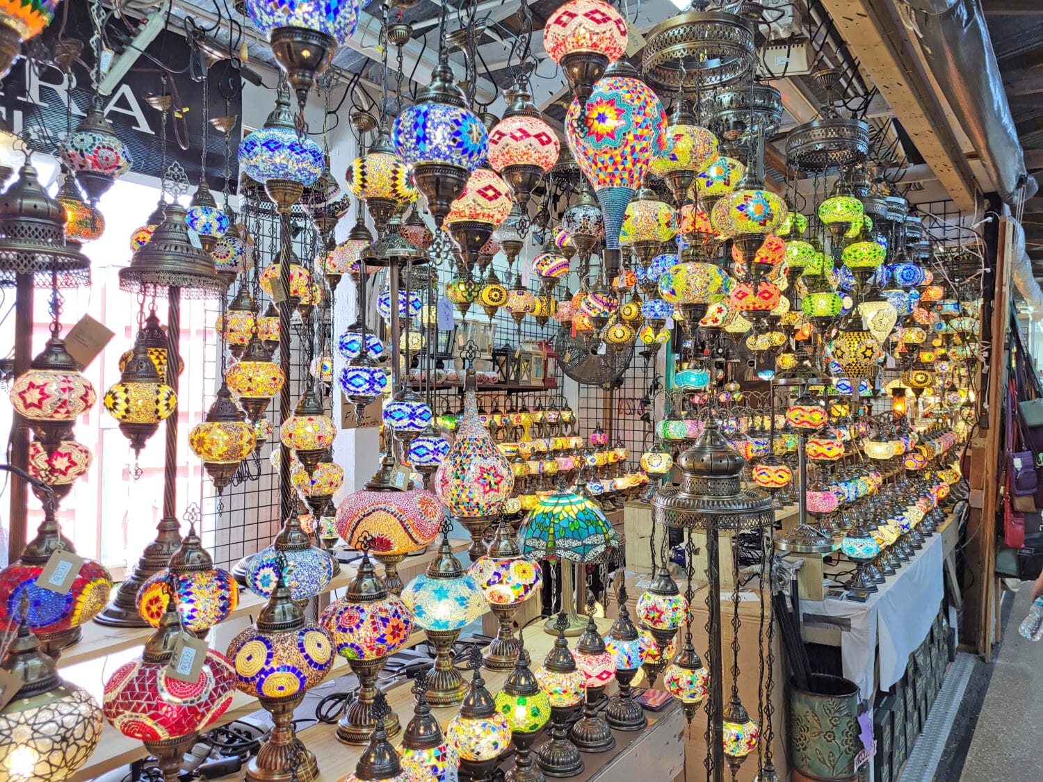 the colorful lamps display at the flea market