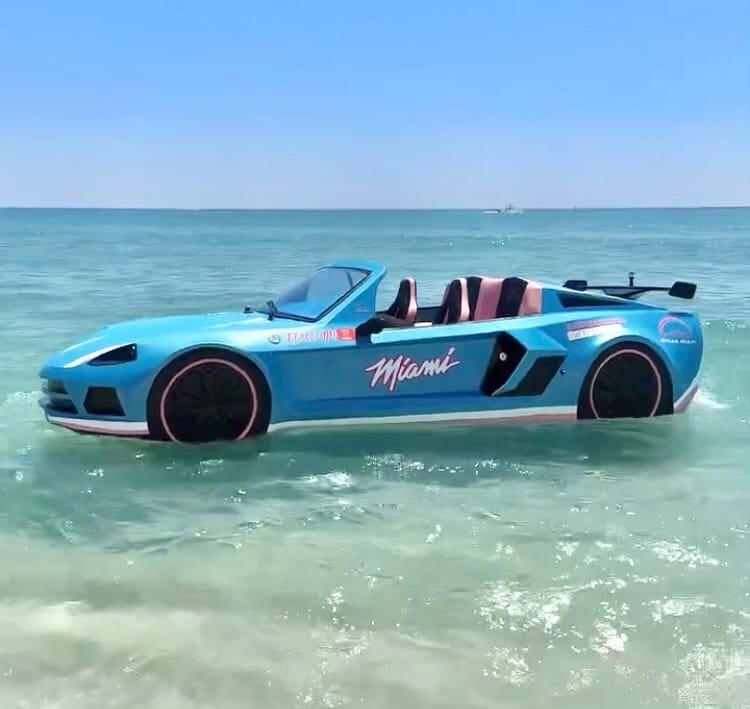 The floating sports car is a two seater vehicle with no roof