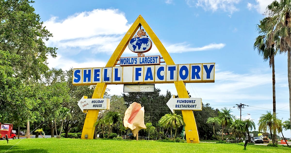 the large, distinctive sign of shell factory and a giant shell sculpture amid tropical foliage