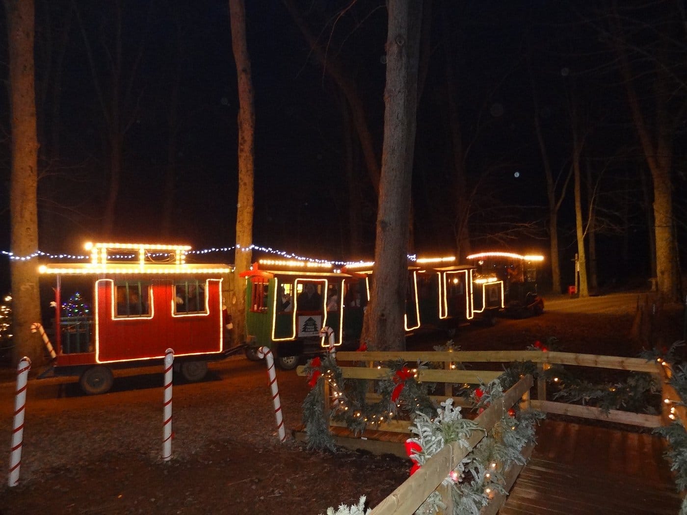 the train in peacock road family farm decorated for christmas festivities passing by a cabin at nighttime